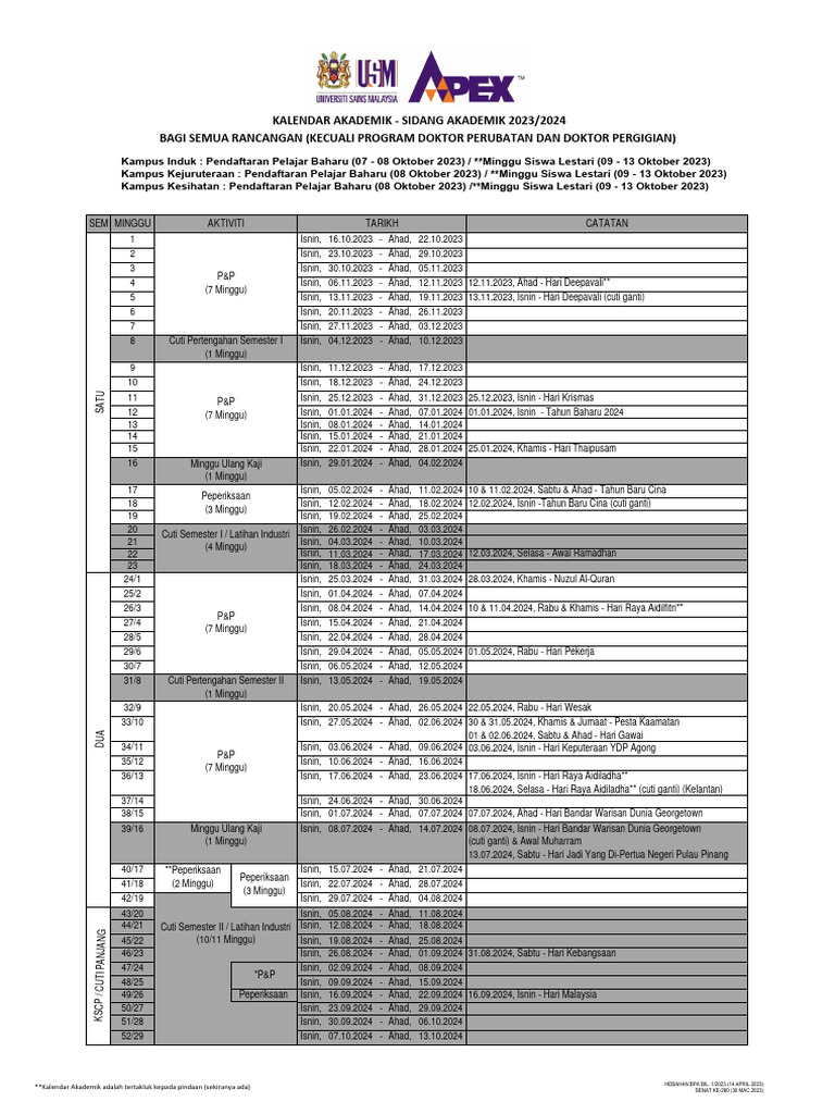 Kalendar Akademik Sidang 20232024 | PDF