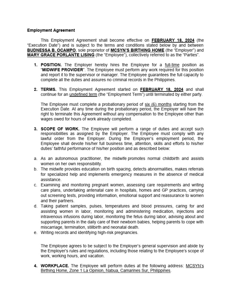 Employment Agreement | PDF | Employment | Sick Leave