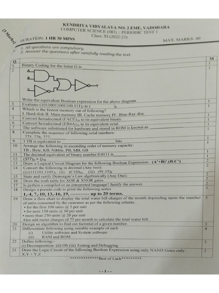 COMPUTER SCIENCE XI PAPER PT-1 HY PT-2 SEE | PDF