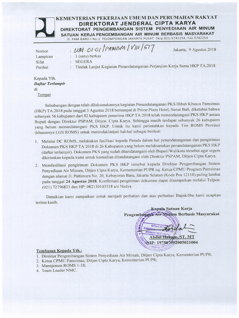 Surat Satker PAMBM Perihal Tindak Lanjut Kegiatan Penandatanganan PKS ...