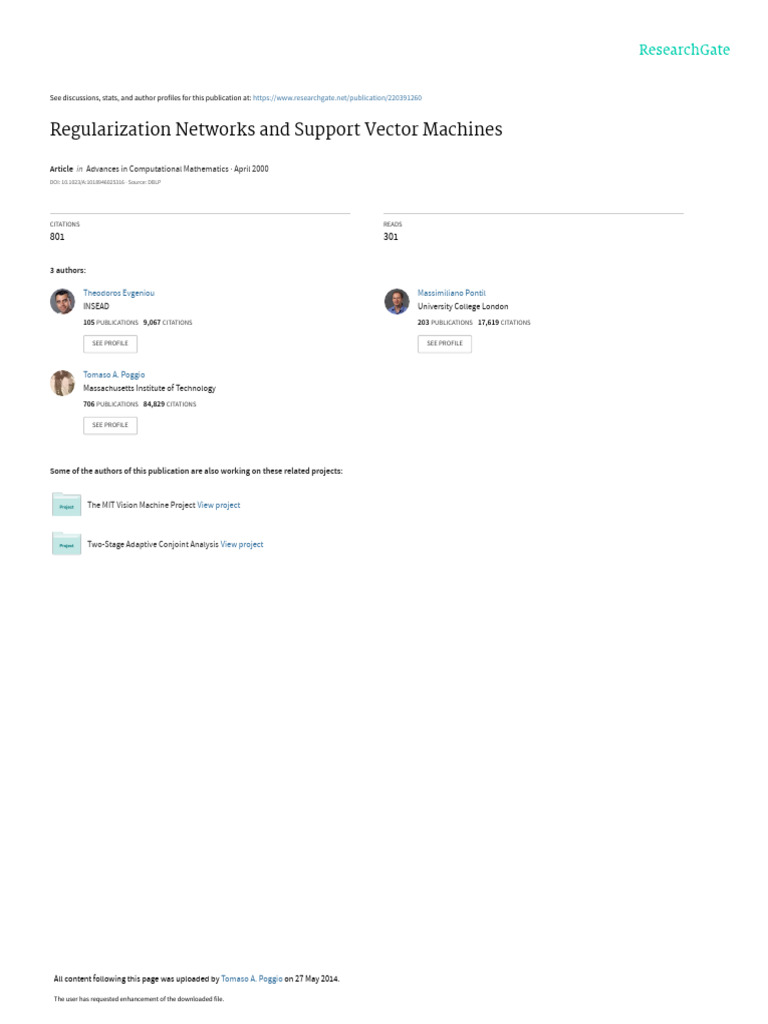 Regularization Networks and Support Vector Machines T Evgeniou | PDF ...