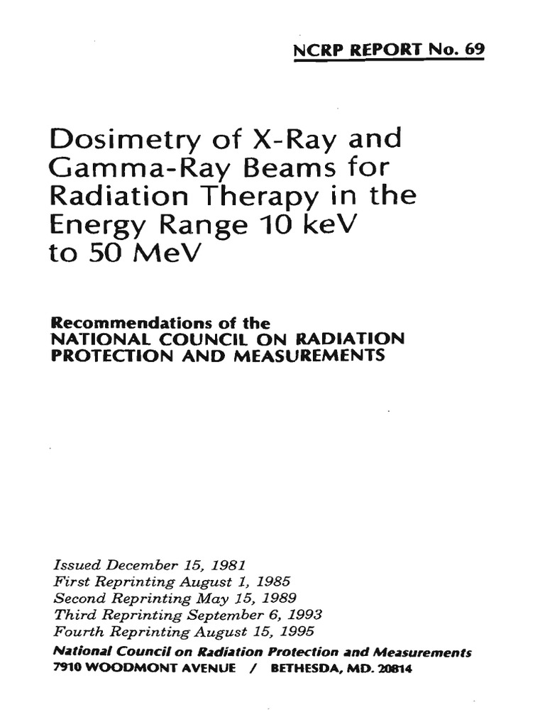 NCRP Dosimetry of X-Ray and Gamma-Ray Beams For Radiation Therapy in ...
