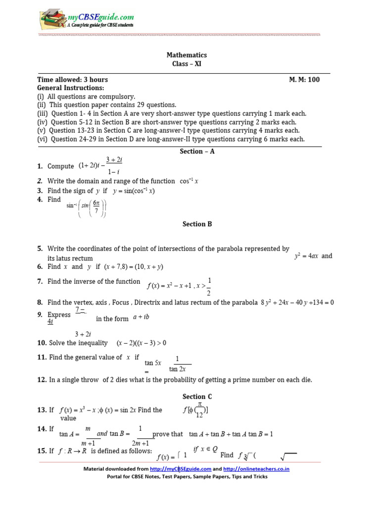 2017 11 Sample Paper Mathematics 01 QP | PDF | Mathematical Objects | Mathematical Analysis