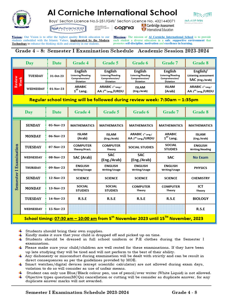 Semester 1 Examination Schedule 4-8-2023-2024 | PDF | Science