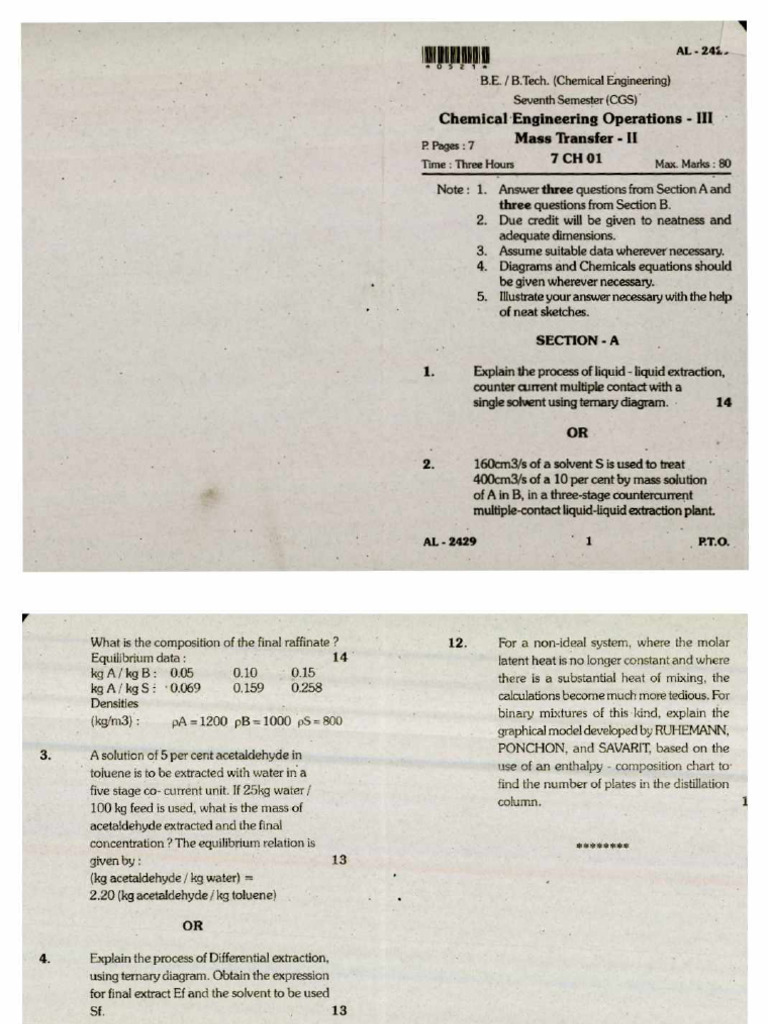 Al 2429 Be Chem Engg Sem Vii Chemical Engg Operations III Mass Transfer ...