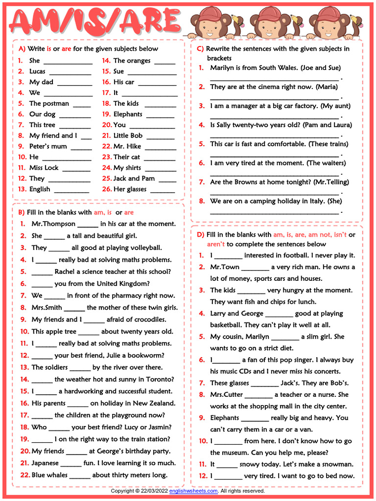Am Is Are Esl Printable Grammar Test Worksheet | PDF