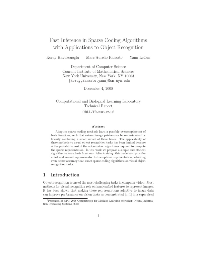 Fast Inference in Sparse Coding Algorithms With Applications To Object Recognition | PDF ...