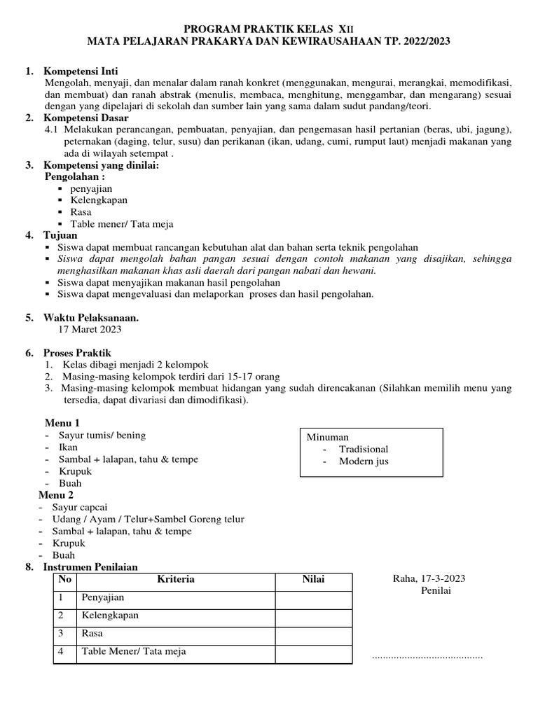 Ujian Praktek Prakarya Pengolahan Pangan Kls Xii | PDF