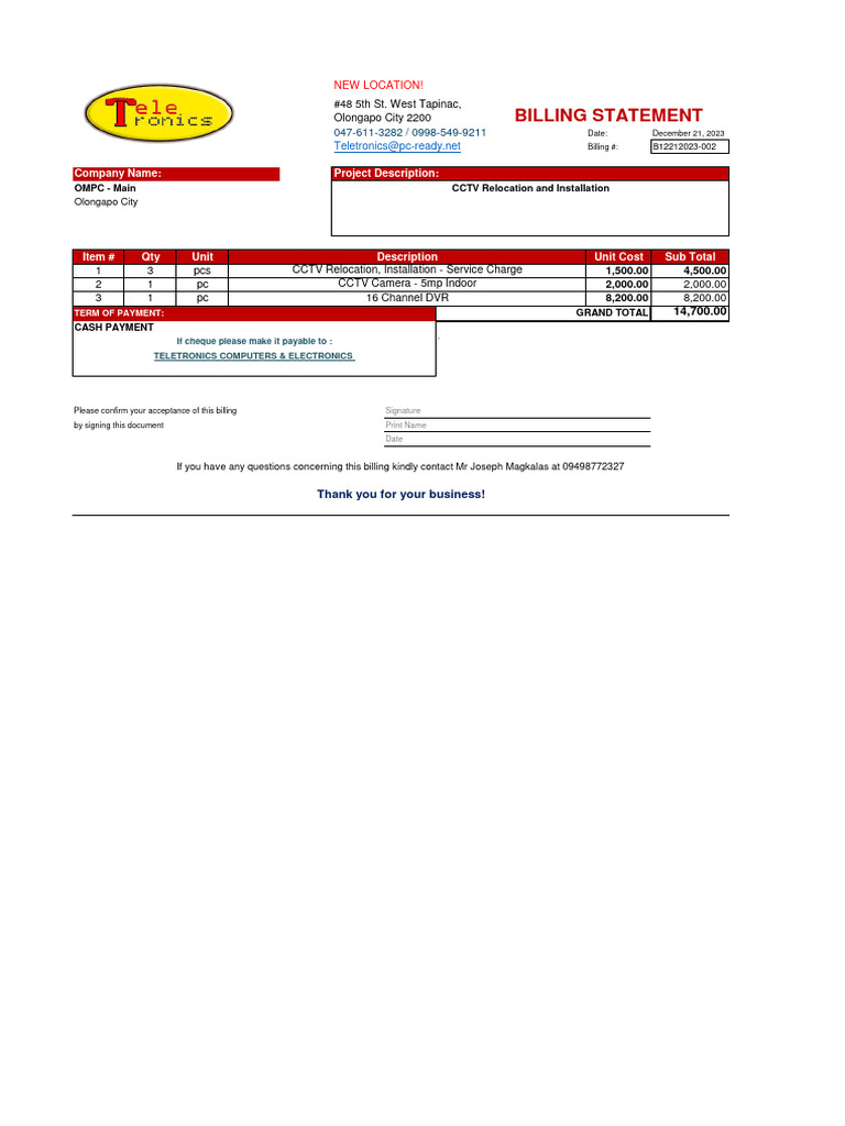 Billing OMPC Main CCTV | PDF