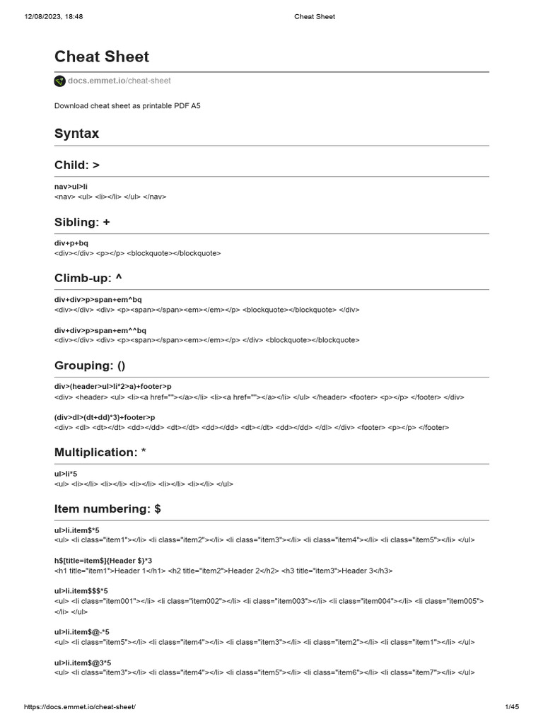 EMMET - Cheat Sheet | PDF | Html Element | Typefaces