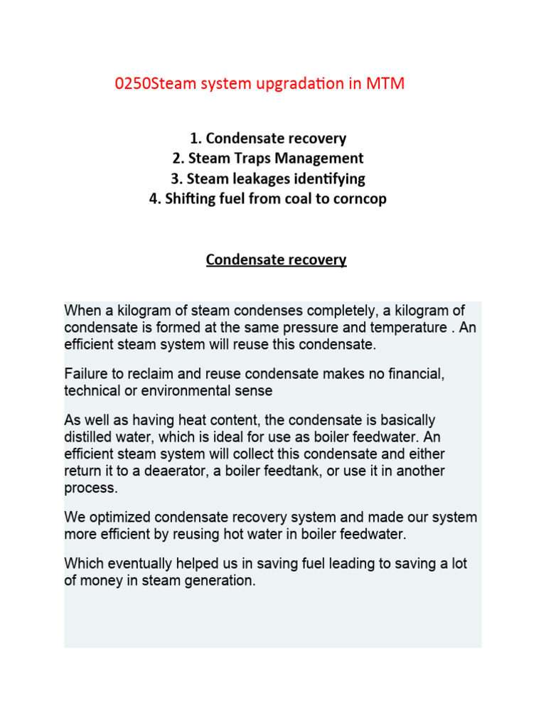Steam System Upgradation in MTM | PDF