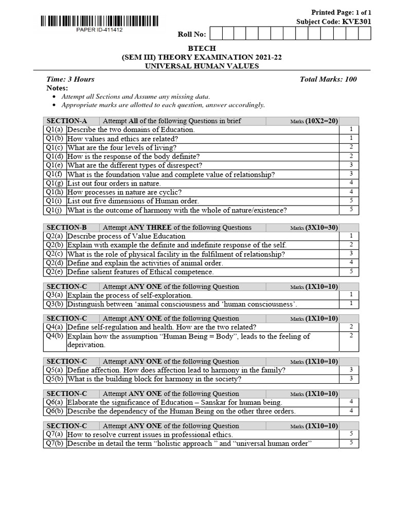 BTech Exam: Universal Human Values | PDF | Cognition | Cognitive Science