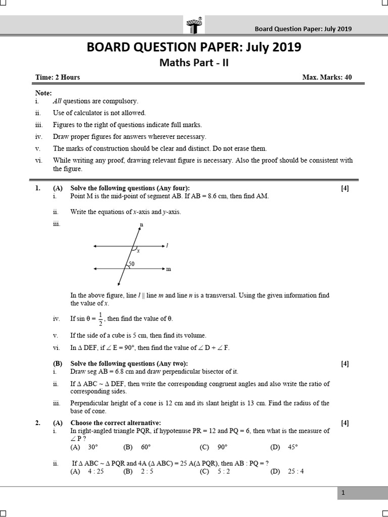 SSC Maths Part II July 2019 Paper | PDF | Sphere | Circle