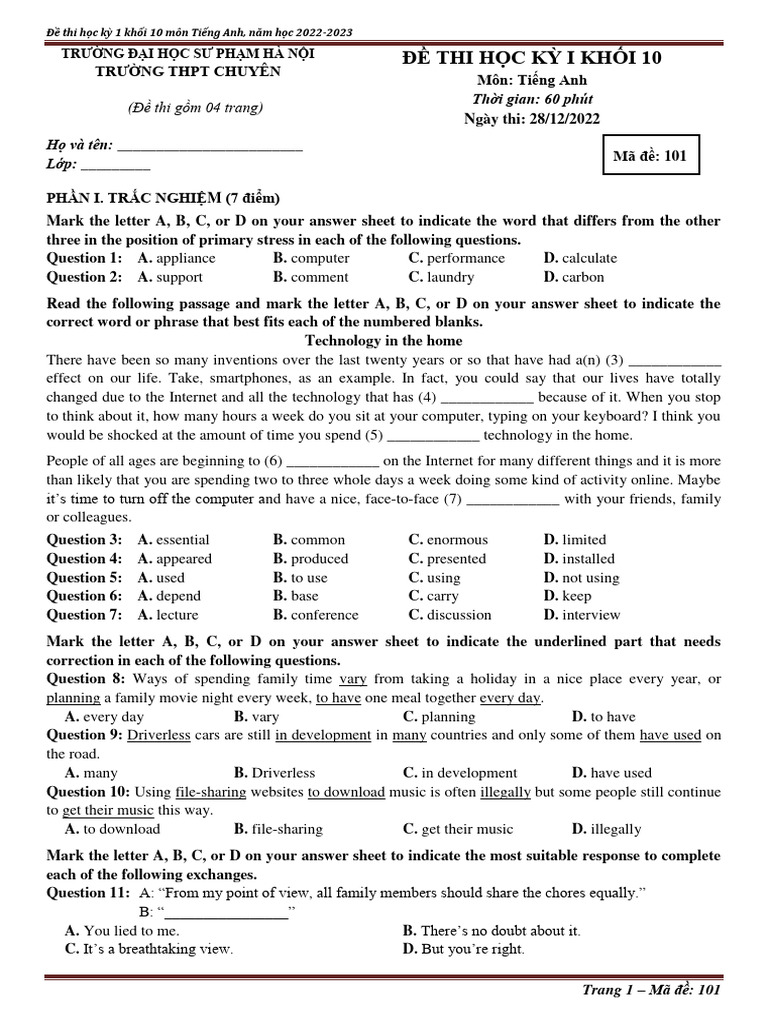 t.Anh HK1 lớp 10 cơ bản mã đề 101 2022 2023 | PDF