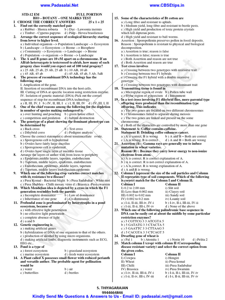 12th Bio Botany 1 Marks Full Posion Queston Paper English Medium PDF | PDF