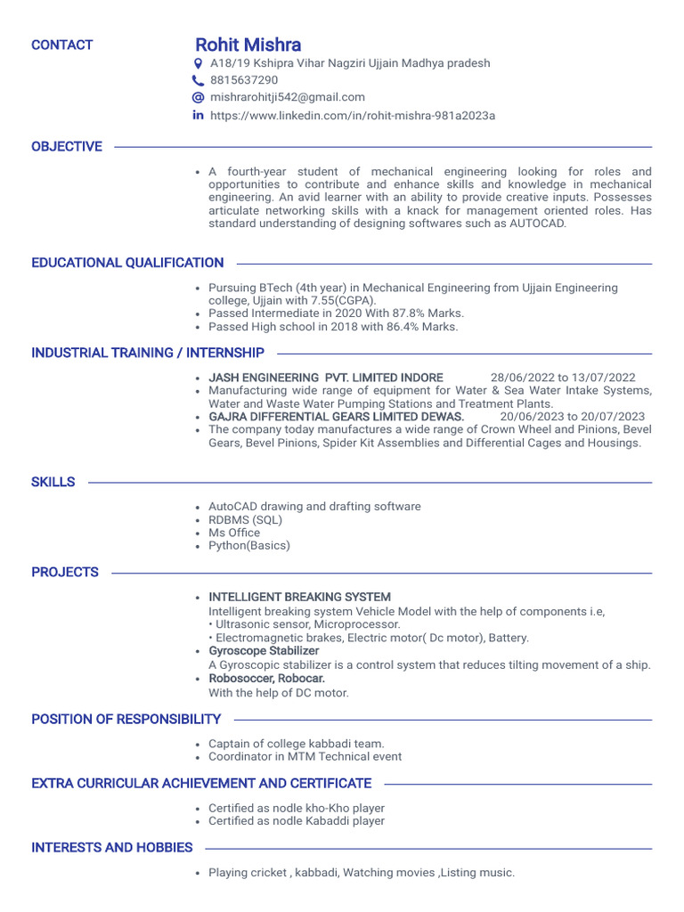 Mechanical Engineering Student Resume | PDF | Art | Technology & Engineering