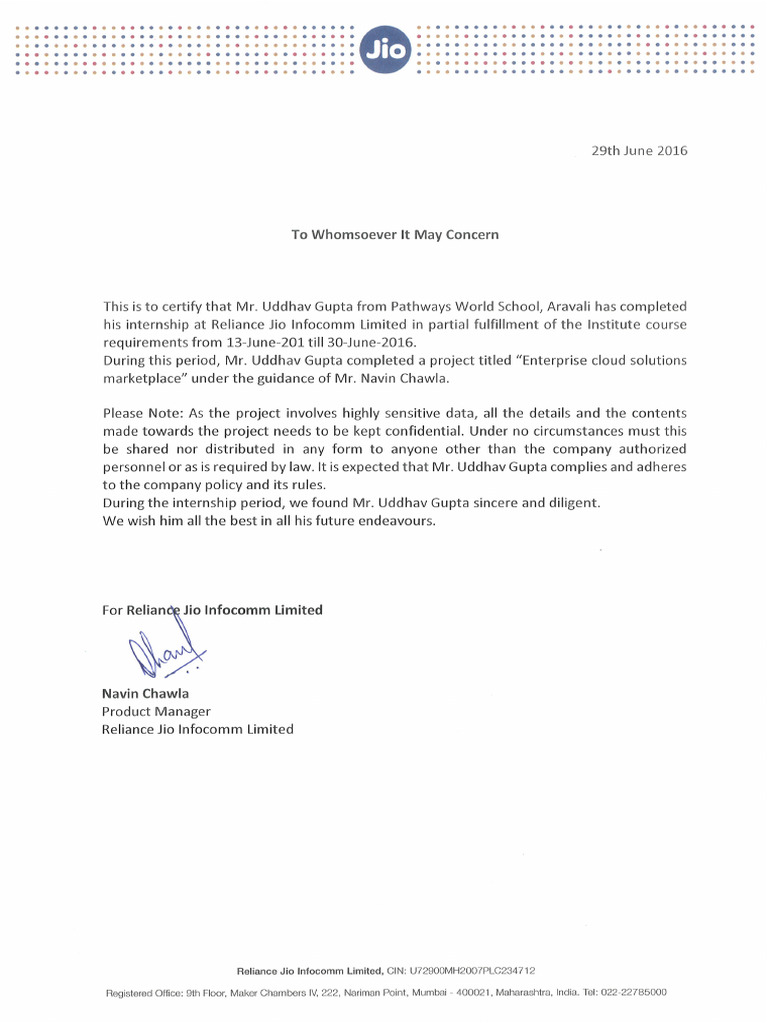 Dokumen - Tips - Reliance Jio Internship Experience Certificate | PDF