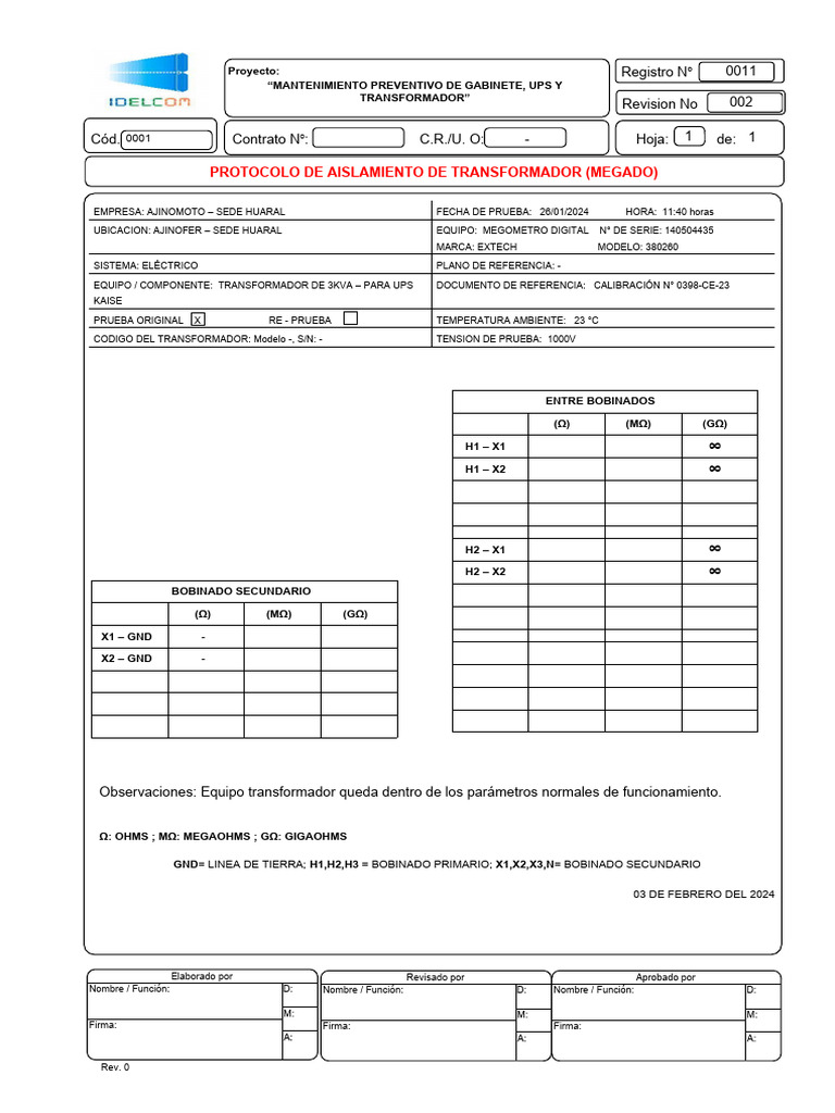 Protocolo de Megado de Trafo | PDF | Transformador | Equipo eléctrico