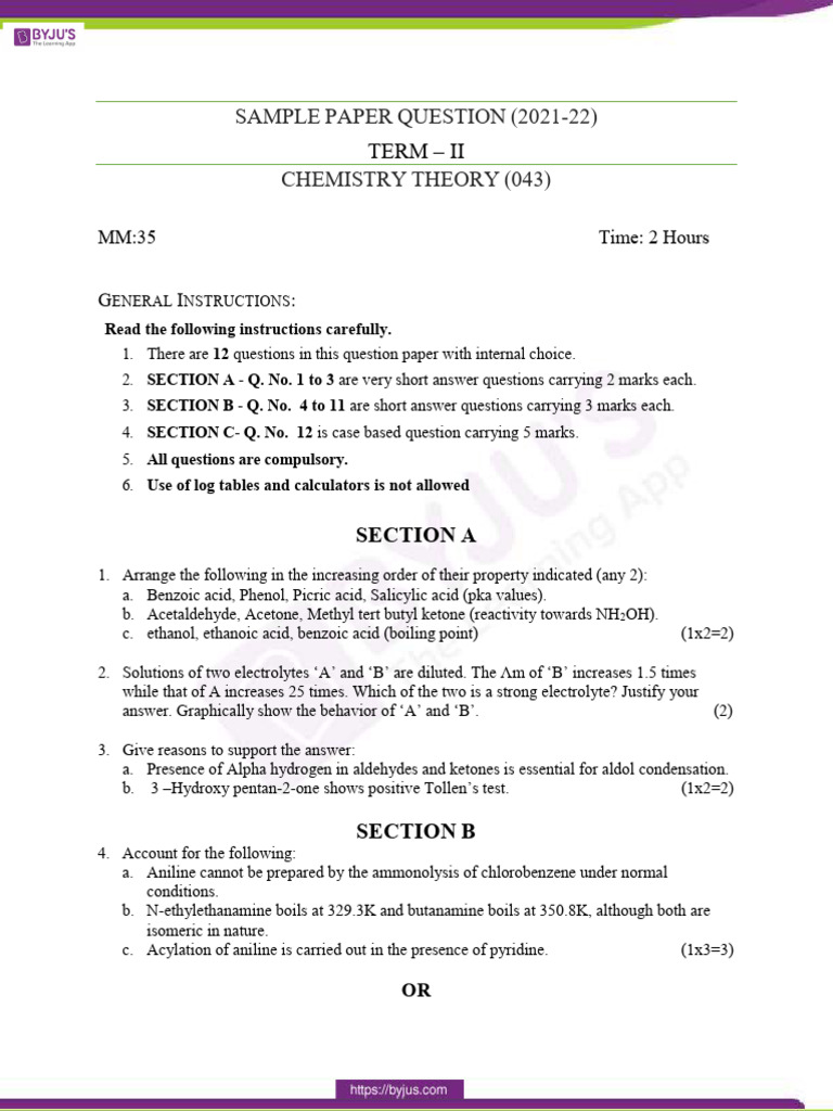 CBSE Class 12 Chemistry Sample Paper Term 2 For 2021 22 | PDF | Atomic ...