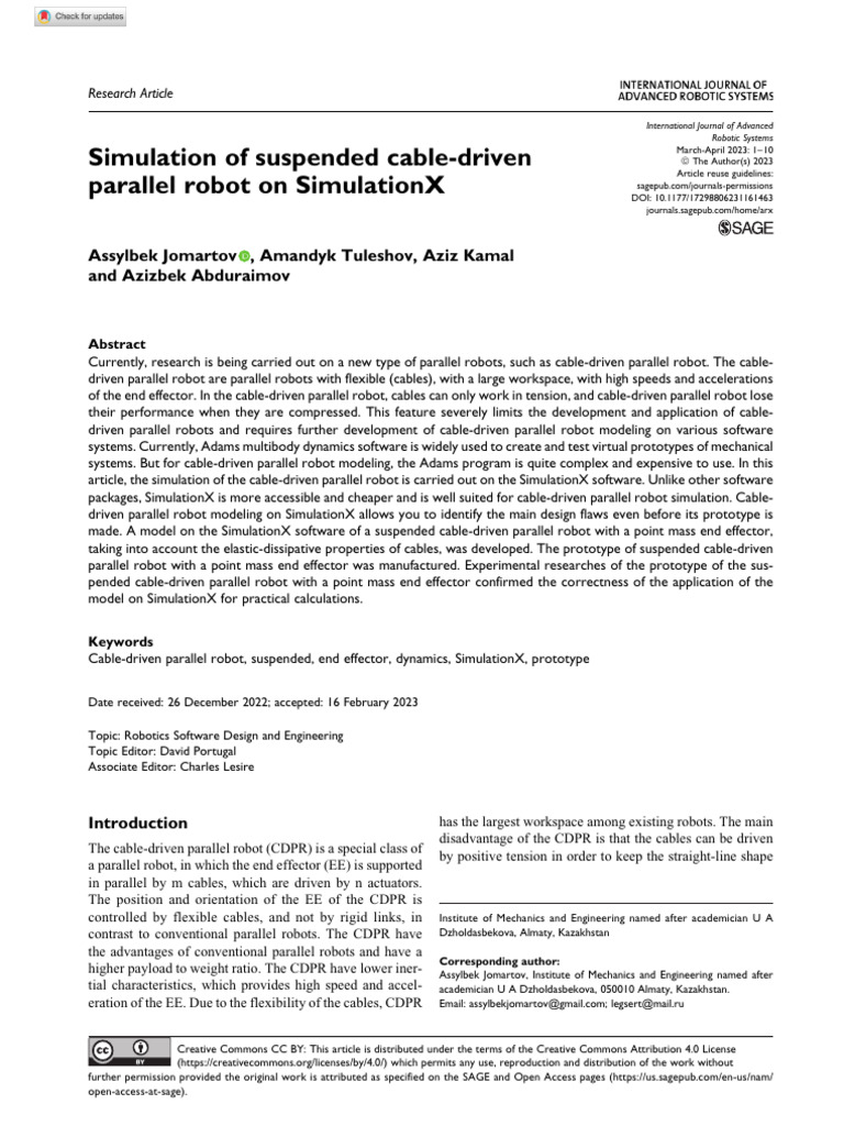 Jomartov Et Al 2023 Simulation of Suspended Cable Driven Parallel Robot ... Jomartov Et Al 2023 Simulation of Suspended Cable Driven Parallel Robot ...