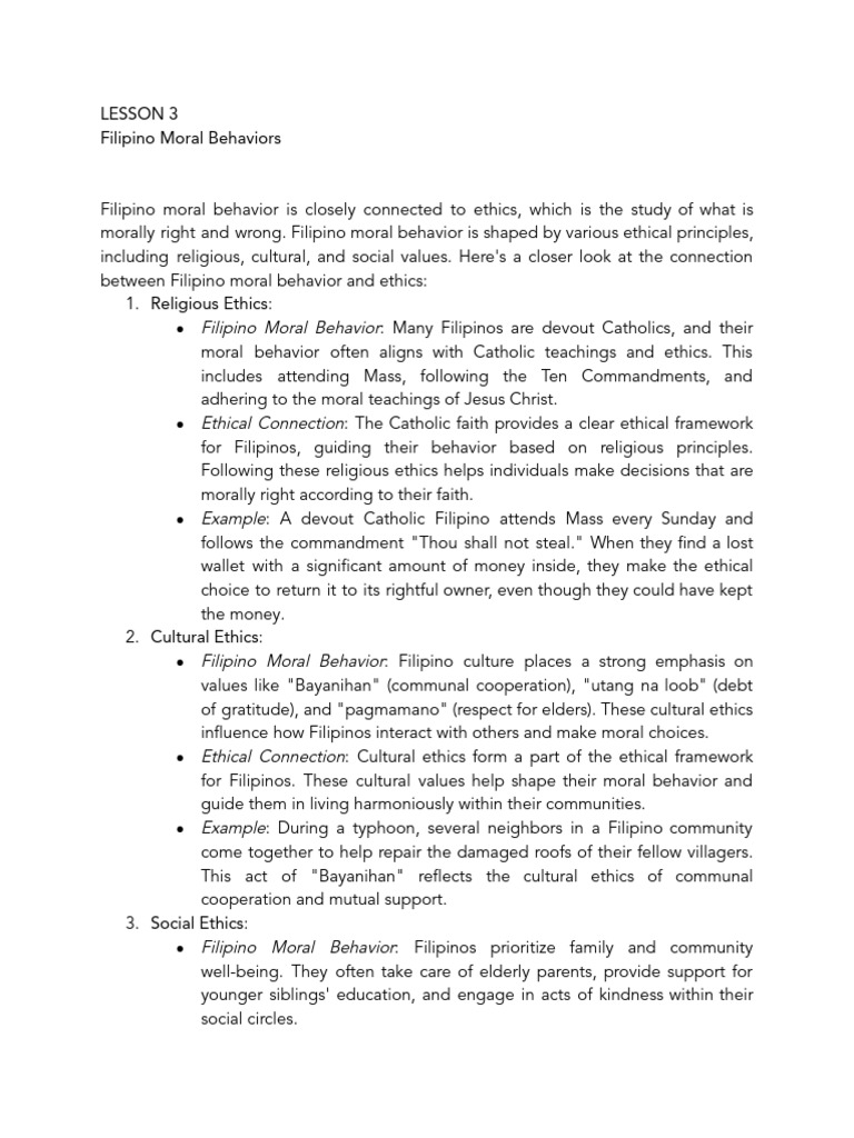 LESSON 3 Filipino Moral Behaviors - Docx 1 | PDF | Morality | Family