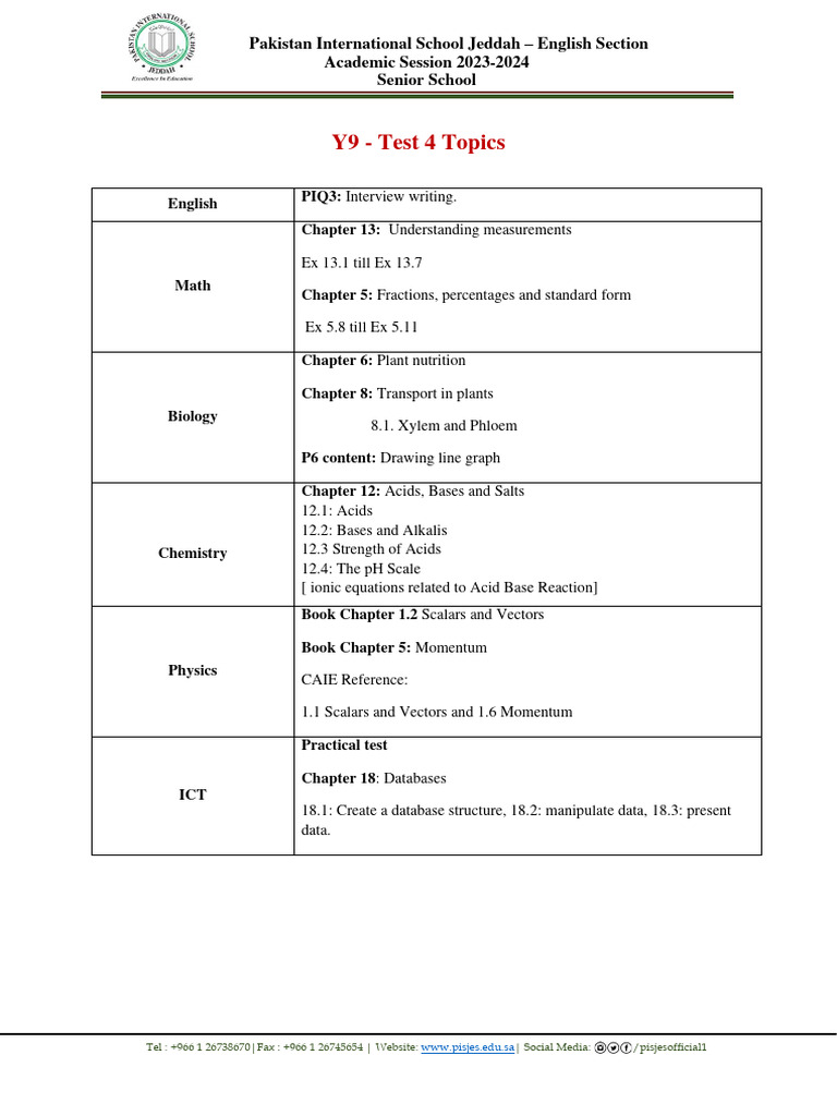 Test 4 Topics Y9 - 2023-2024 | Download Free PDF | Saudi Arabia