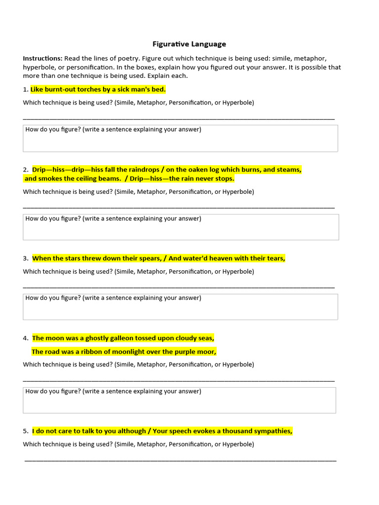 Figurative Language Worksheet 1 | Download Free PDF | Metaphor ...