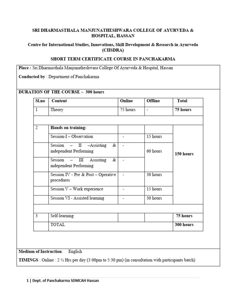 Short Term Panchakarma Certificate Course | PDF | Ayurveda | Medicine