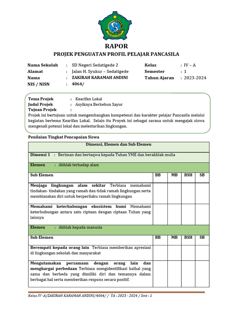 RAPOR P5 Kelas 4 Smt 1 2023-2024 | PDF