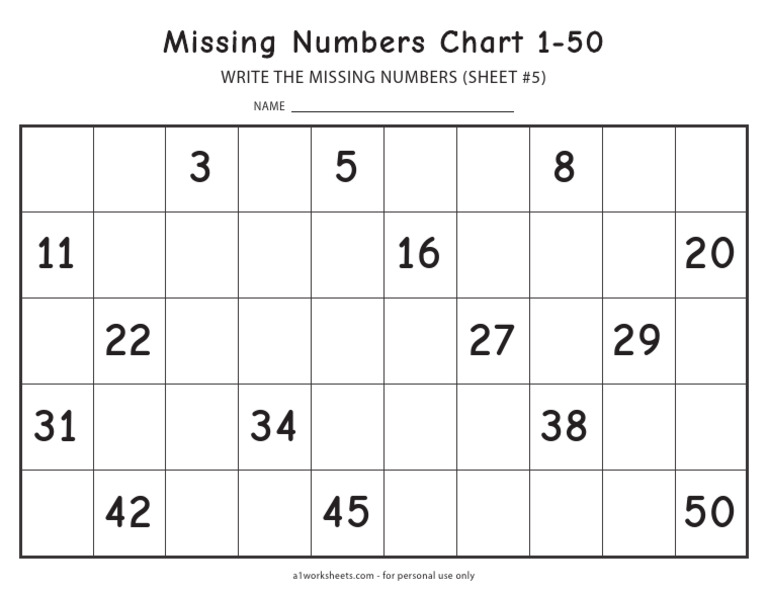 Missing Numbers Chart 1 50 Worksheet 5 | PDF