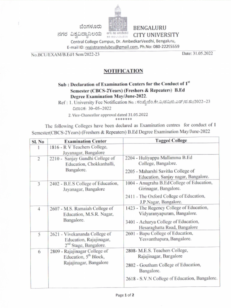 Declaration of 1st Semester B.Ed Examination Centers | PDF