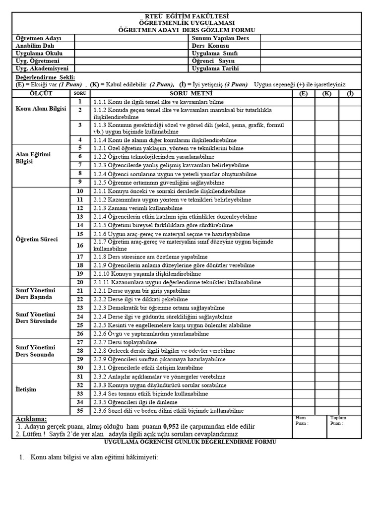 Ders Gözlem Formu F1 | PDF
