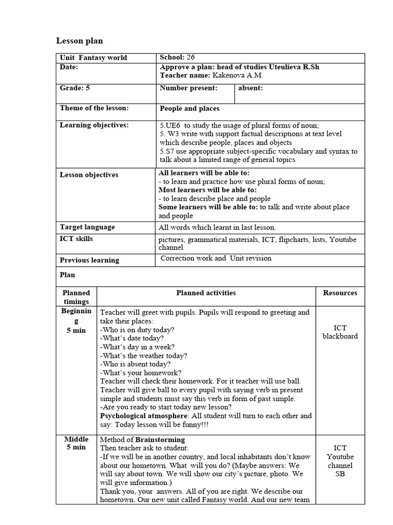 Fantasy World Lesson Plan for Grade 5 | PDF | Plural | Learning