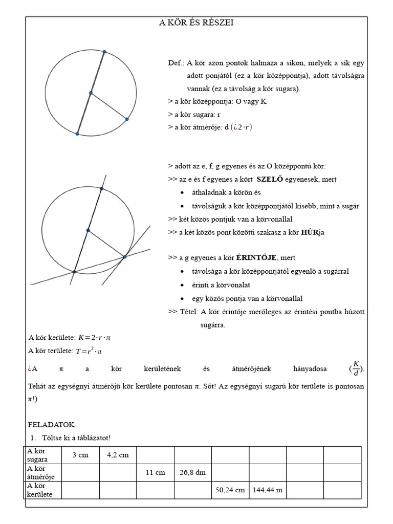 A Kör És Részei Órai | PDF