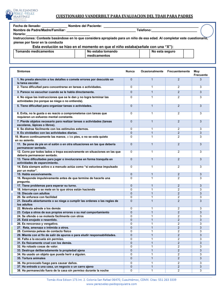 Escala de Evalucion Del Tdah para Padres de Vanderbilt V2 | Descargar ...