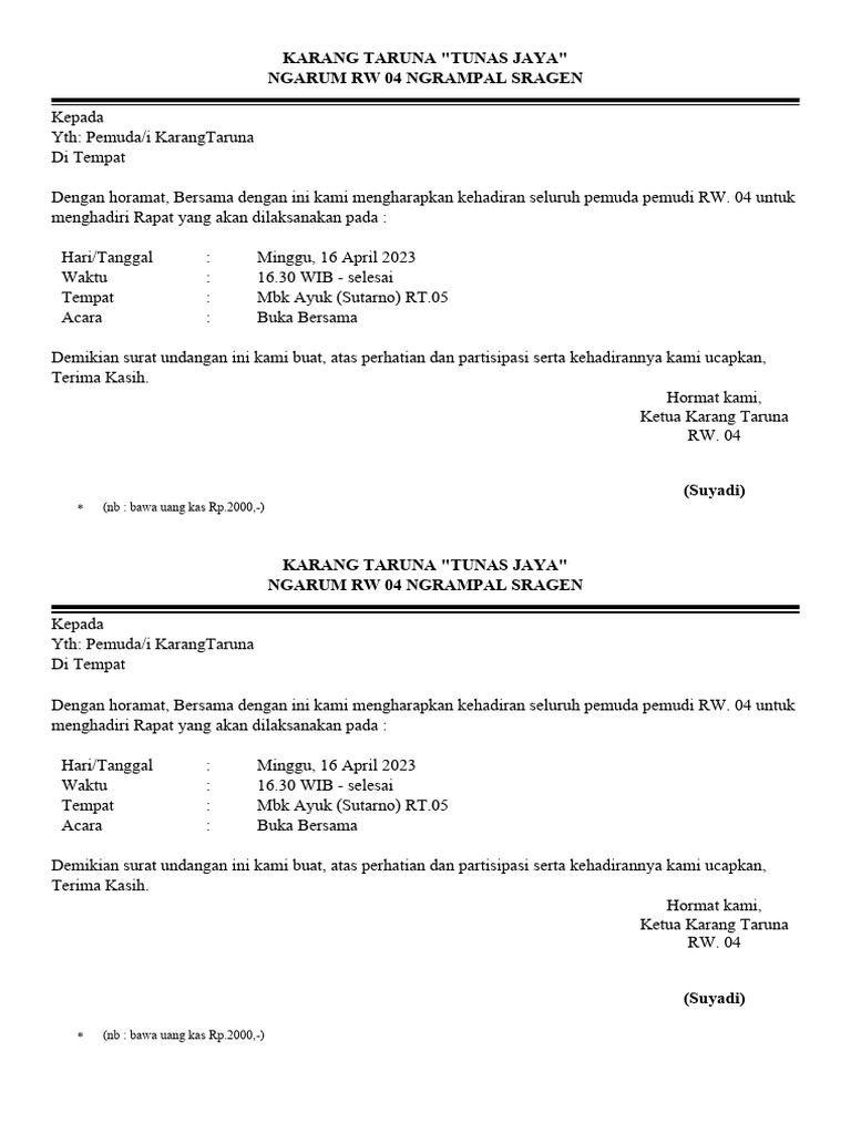 Undangan Rapat KARANG TARUNA | PDF