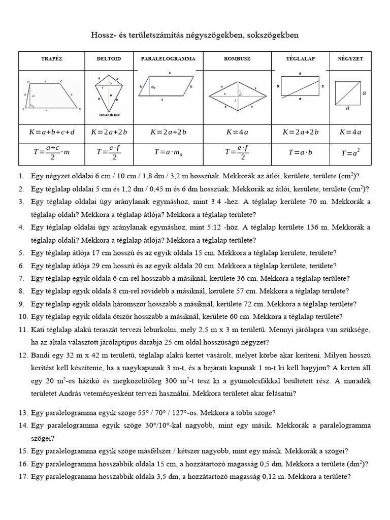 Négyszögek, Sokszögek Feladatsor | PDF