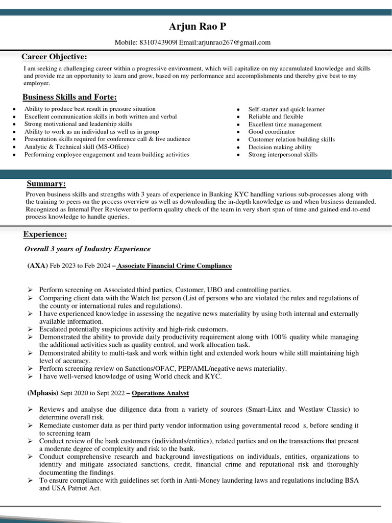 Arjun Rao Resume 2024 | PDF | Money Laundering | Business