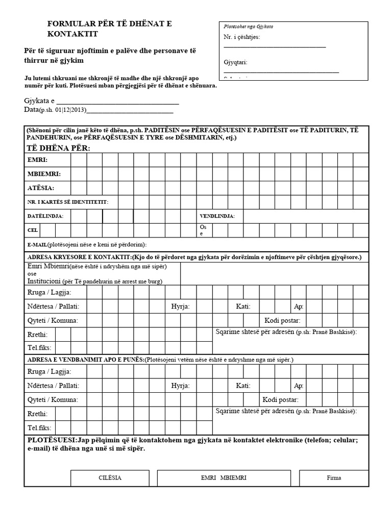 Formular Per Te Dhenat e Kontaktit | PDF