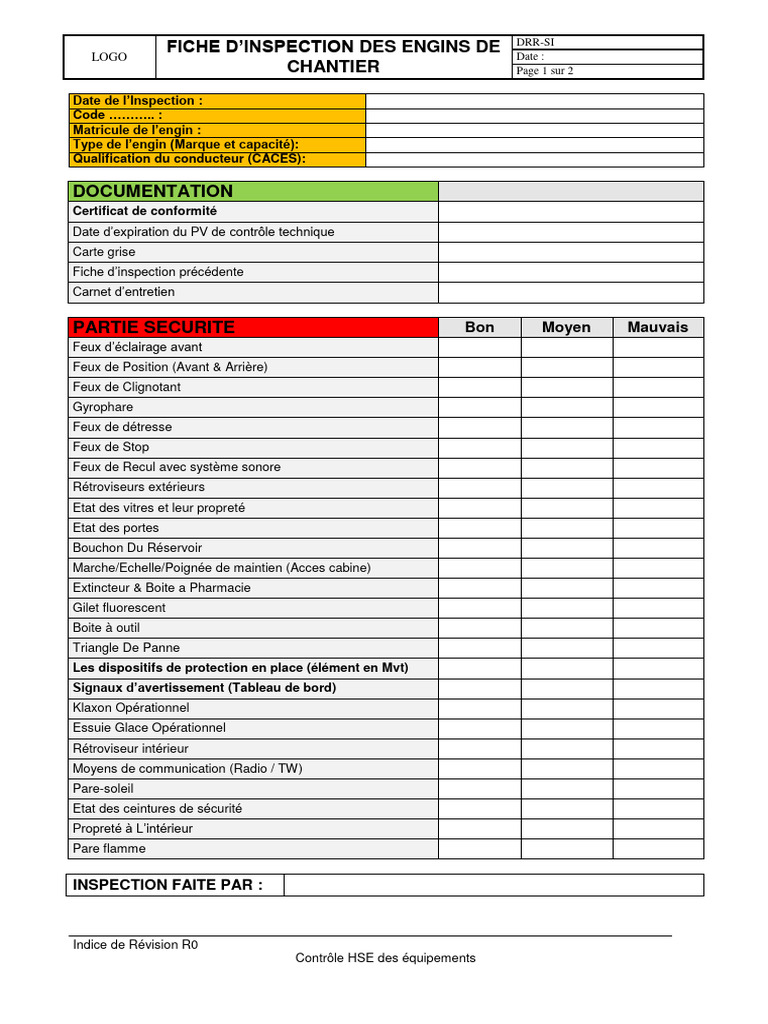 Fiche d'Inspection Engins de Chantier | PDF | Technologies automobiles ...