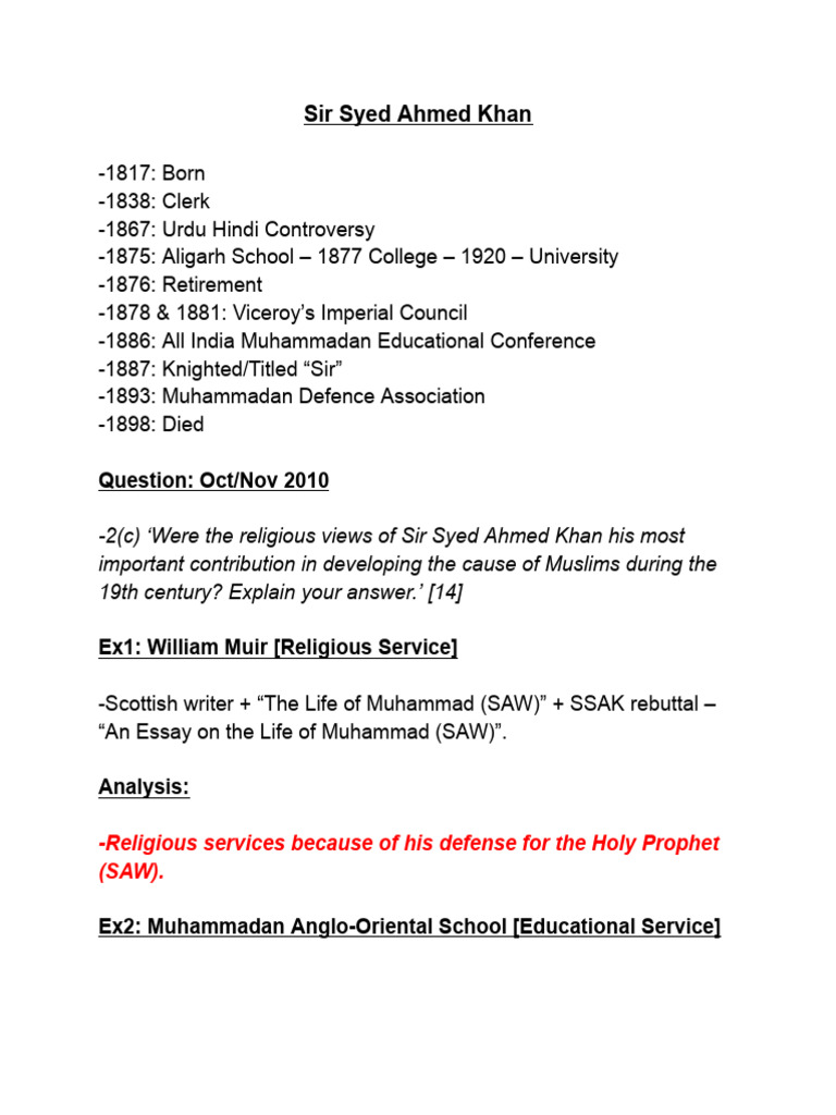 Sir Syed Ahmed Khan Notes | PDF | Two Nation Theory | South Asia
