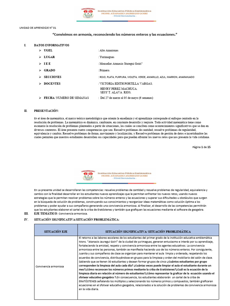 UNIDAD DE APRENDIZAJE - MAT-1° - Vicky Corregido | PDF | Ecuaciones ...
