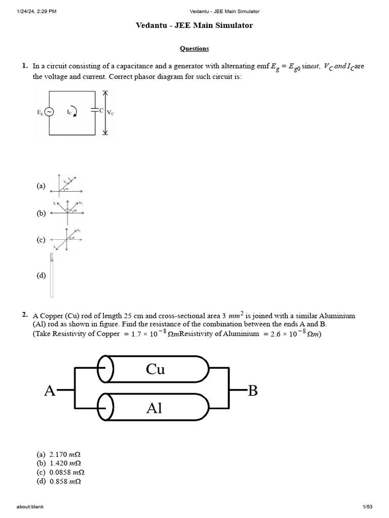 Vedantu - JEE Main Simulator: 1. in A Circuit Consisting of A Capacitance and A Generator With ...