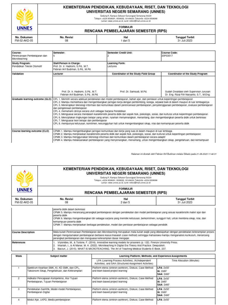 Rencana Pembelajaran Microteaching UNNES | PDF