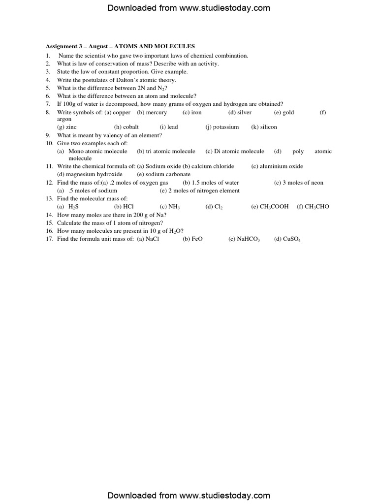 CBSE Class 9 Chemistry Worksheet | PDF | Teaching Methods & Materials ...