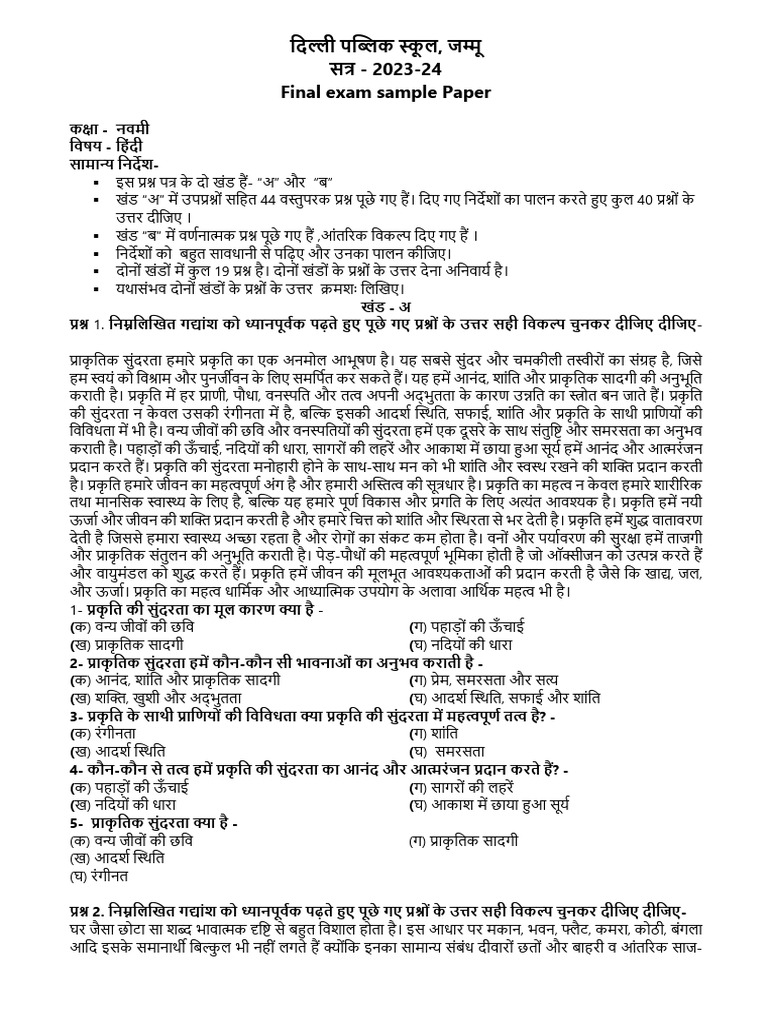 Sample Paper Class IX Final PPR | PDF