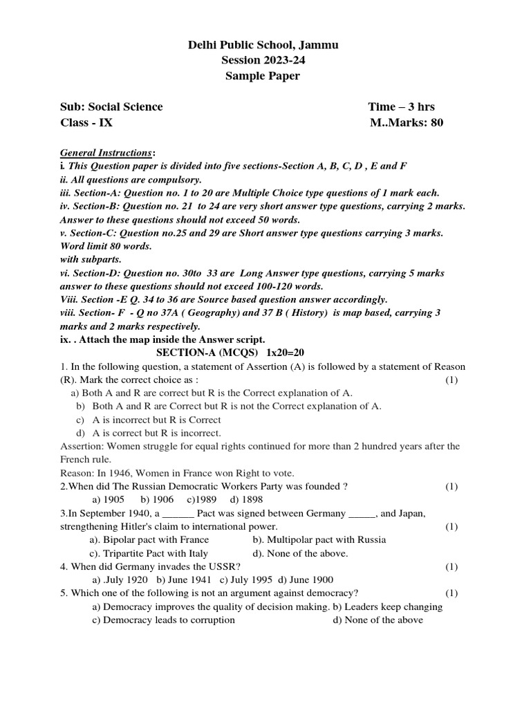 Class 9 SST Sample Paper 2023-24 | PDF