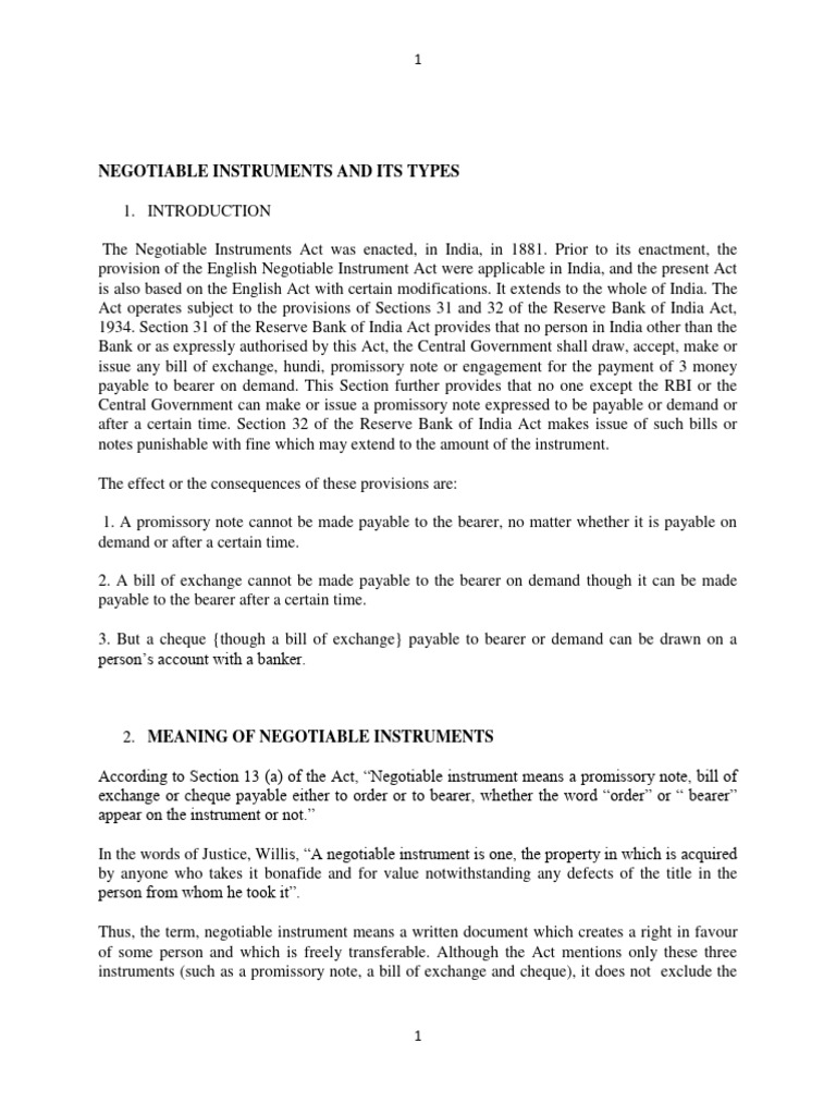 Brief Note On Negotiable Instruments Act | Download Free PDF ...