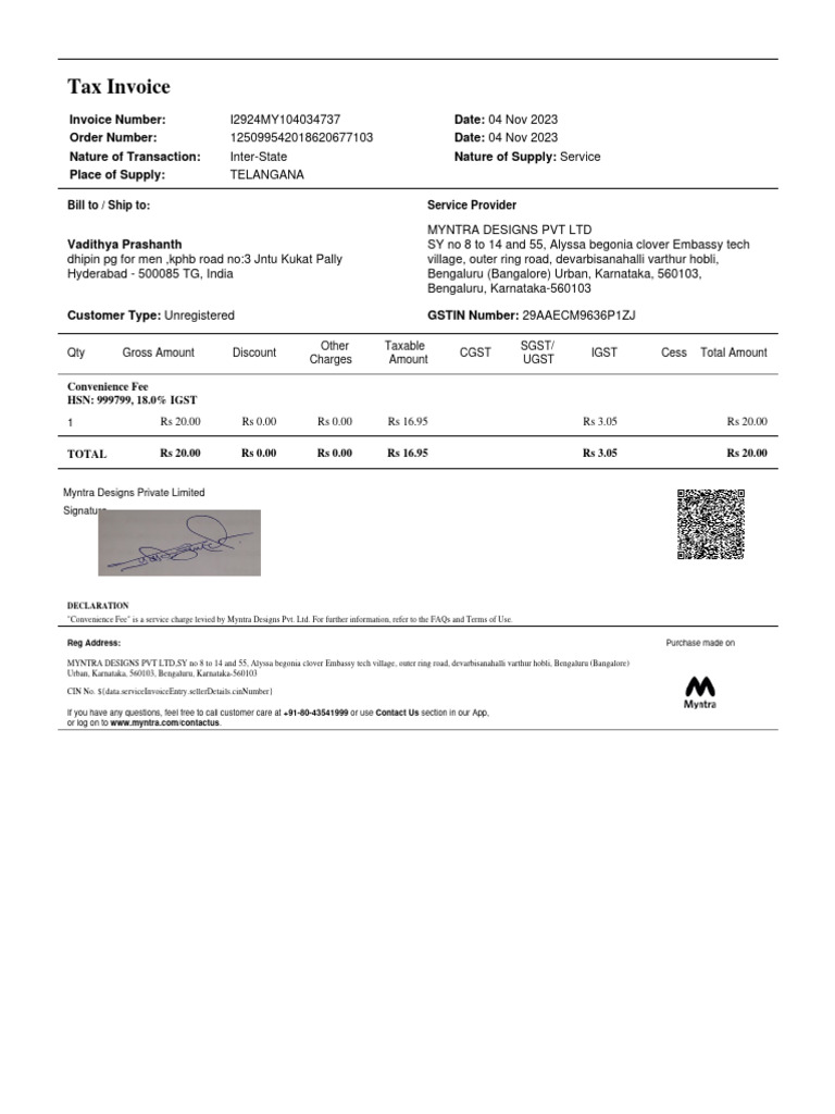 Tax Invoice for Myntra Service Fee | PDF | Trade | Taxes
