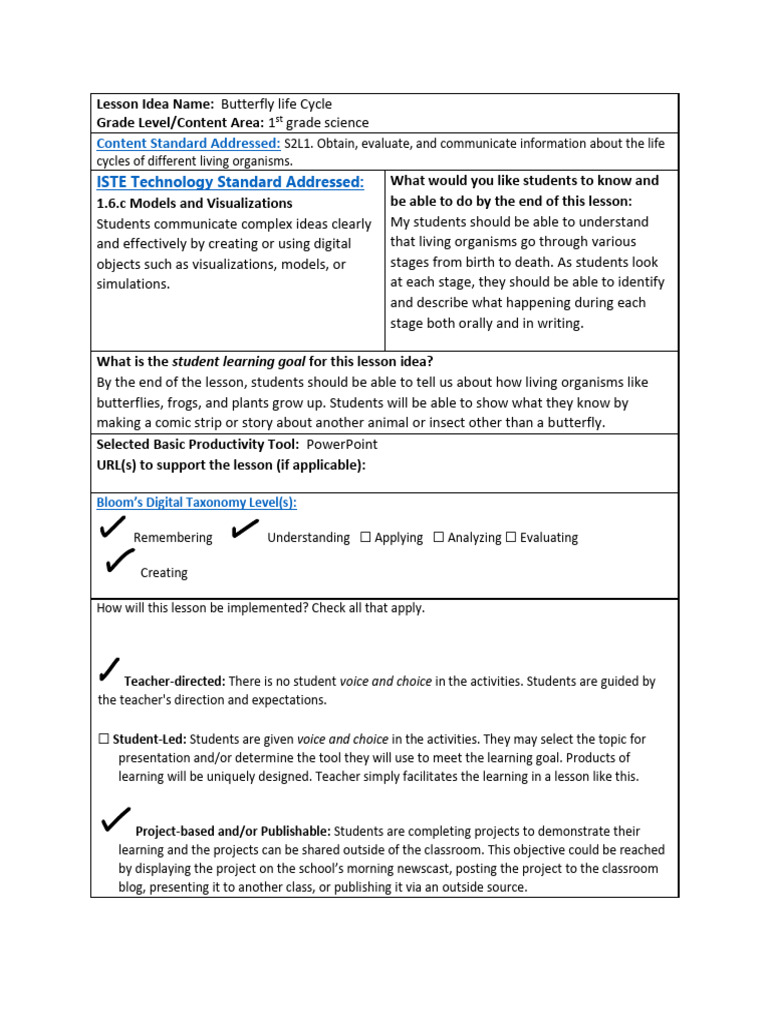 Butterfly Life Cycle Lesson Plan | PDF | Learning | Visualization ...